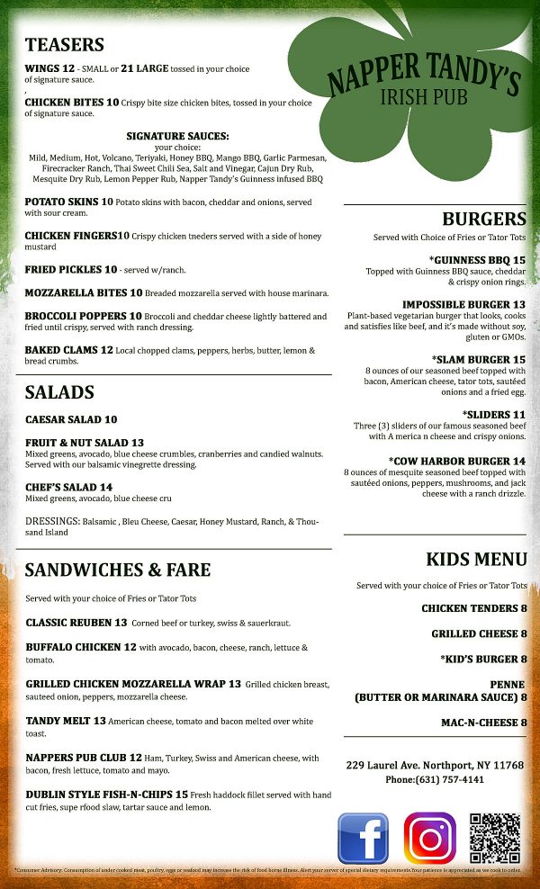 MENU – Napper Tandy's Irish Bar, Napper Tandy's Northport, Private ...